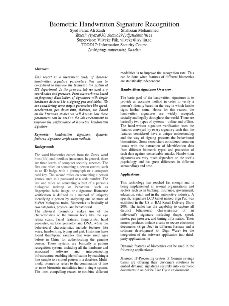 Biometric Handwritten Signature Recognition | PDF | Biometrics | Signature