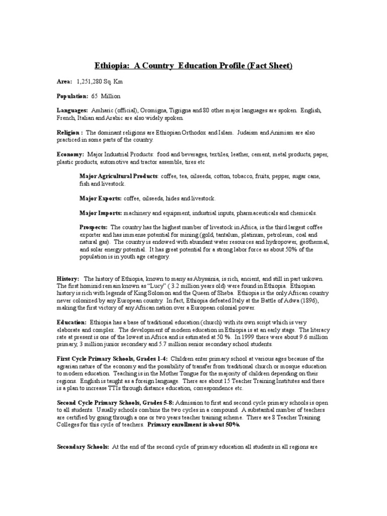 Ethiopia Education Fact Sheet Kassa 2003 | PDF | Primary Education ...