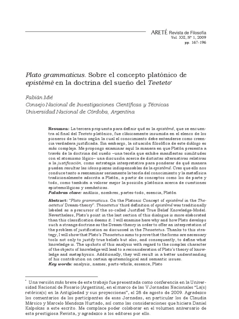 La Episteme en El Teeteto | PDF | Platón | Conocimiento