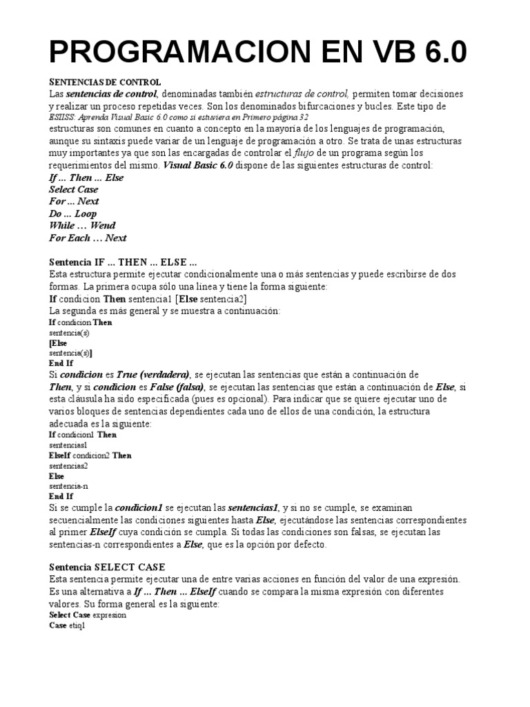 Programacion en Visual Basic | PDF | Flujo de control | Programación de computadoras