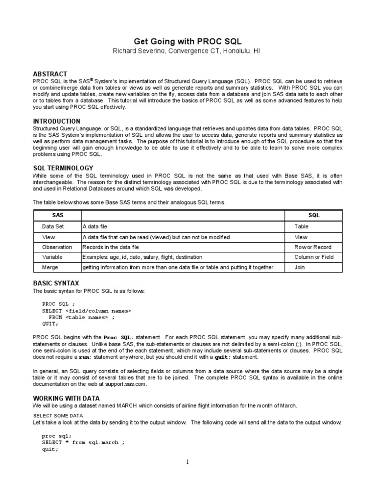 Tut Get Going With Proc SQL | PDF | Sql | Sas (Software)