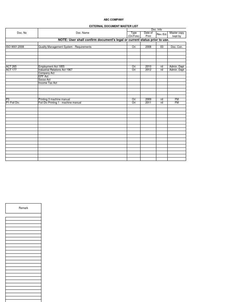 Master Document List Template