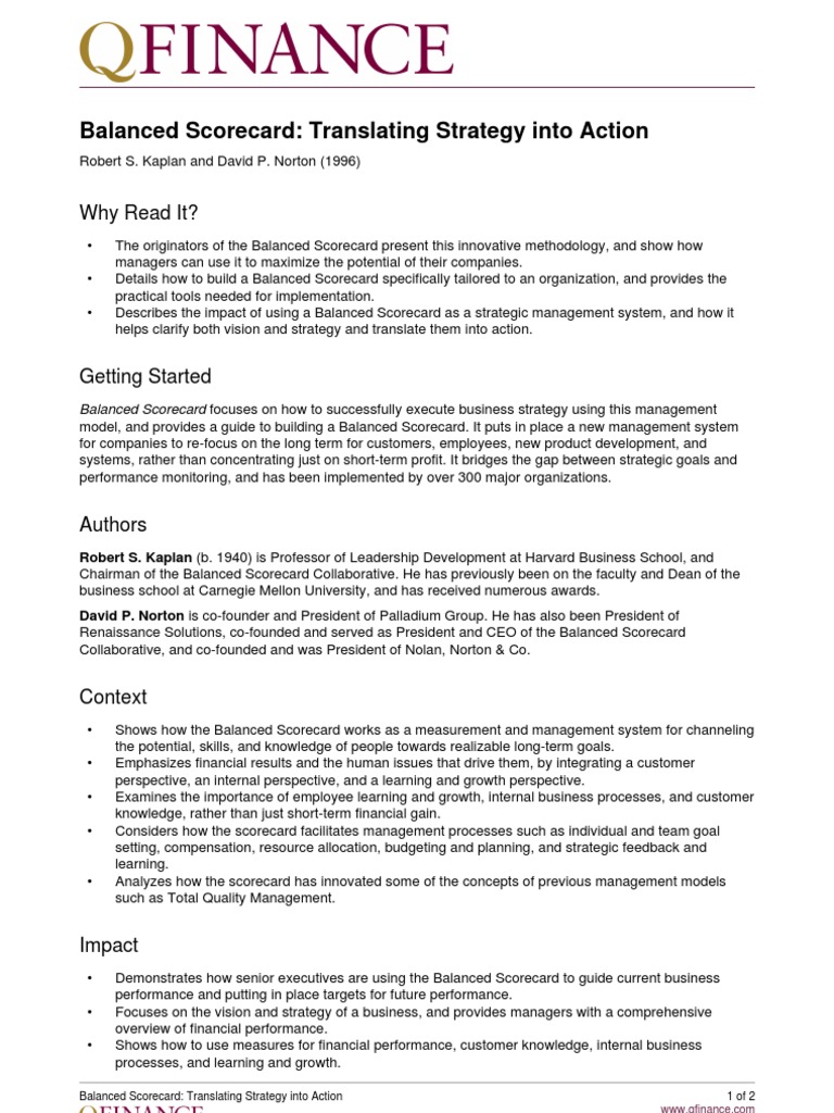 Balanced Scorecard Translating Strategy Into Action PDF | PDF | Strategic Management | Goal