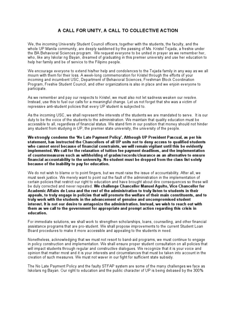 A Call For Unity, A Call To Collective Action | Download Free PDF ...