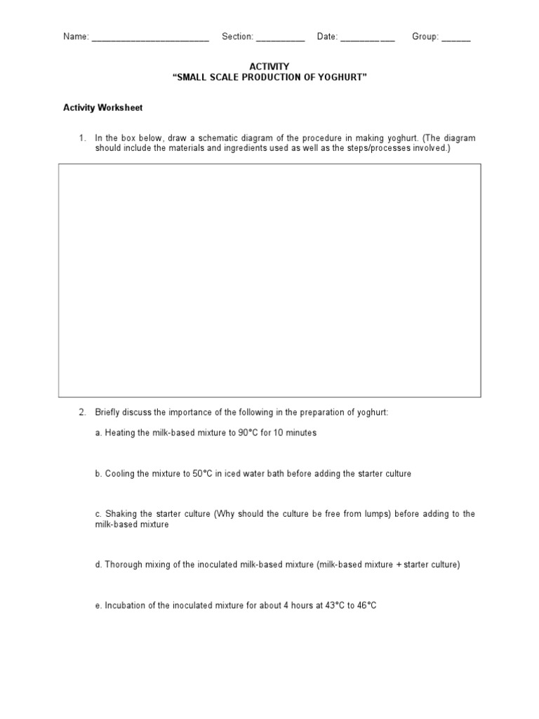 Yoghurt Making (Worksheet) | PDF | Business | Technology & Engineering