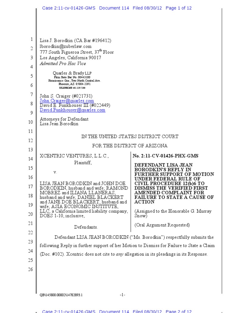 114 - Lisa's Reply Re Motion to Dismiss | Pleading | Federal Rules Of ...