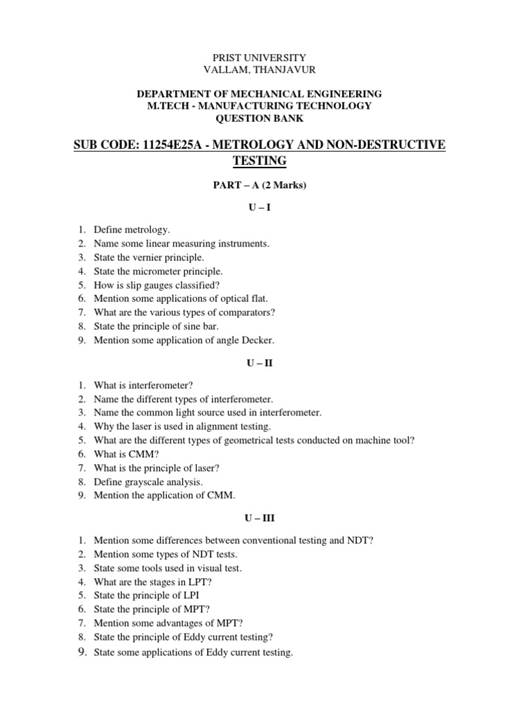 Metrology and NDT Question Bank | PDF | Interferometry | Nondestructive ...