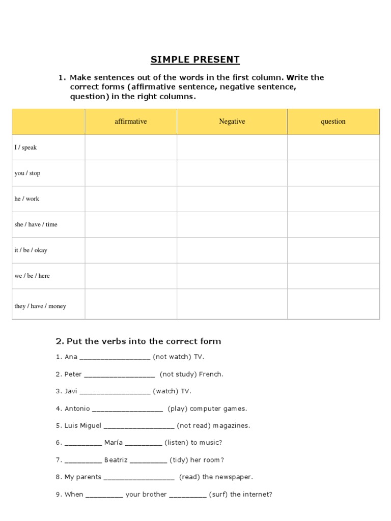 Ejercicios Presente Simple | PDF