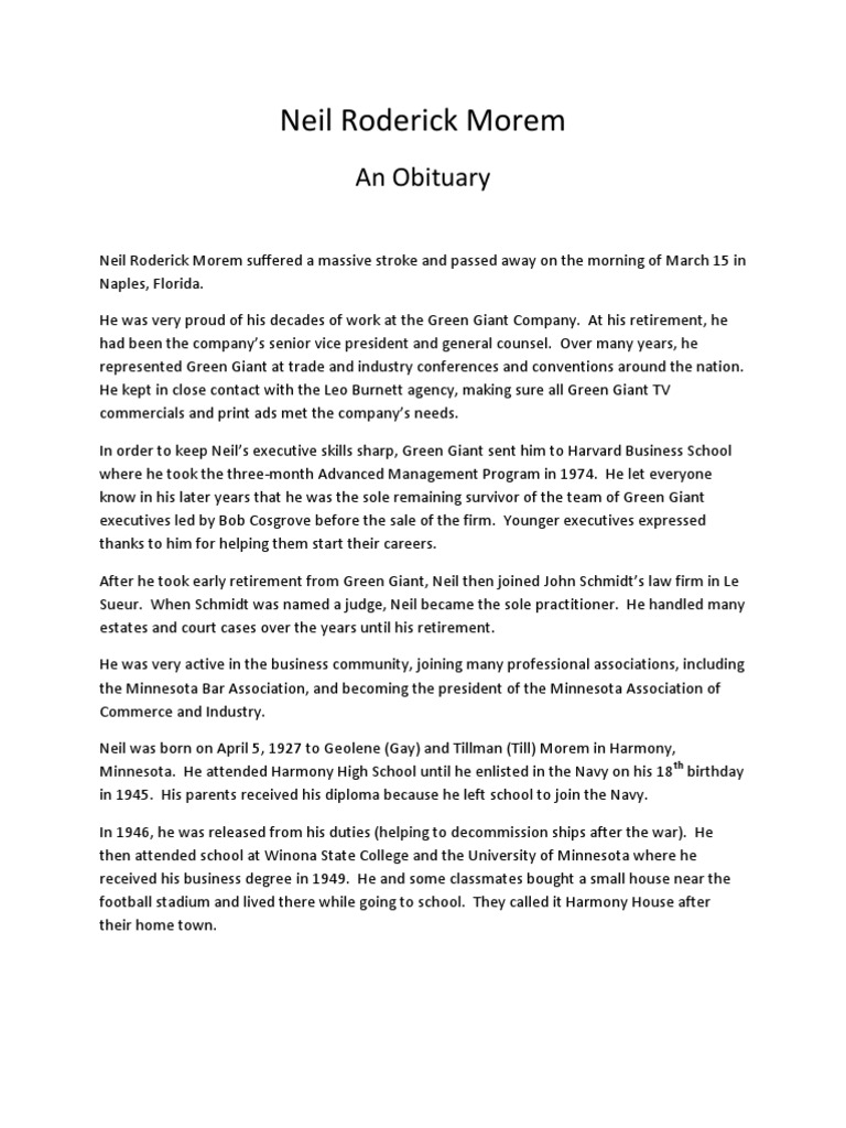 Neil Roderick Morem Obituary | PDF