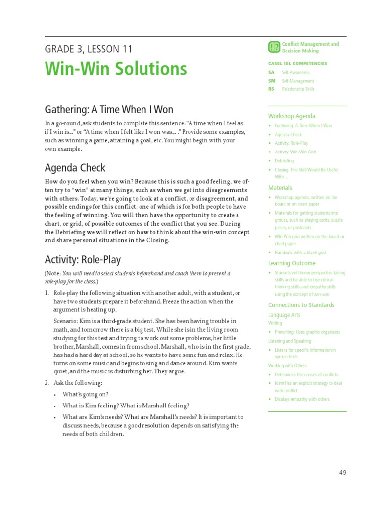 Win-Win Solutions: Grade 3, Lesson 11 | PDF | Brainstorming | Learning