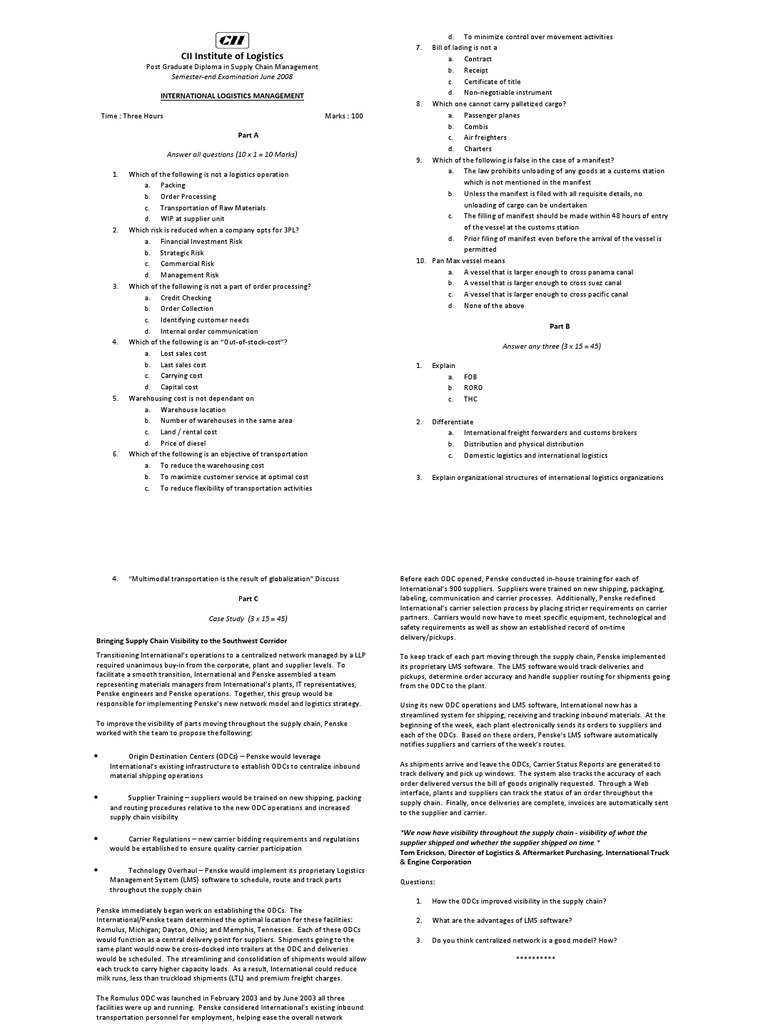 International Logistics Exam 2008 Pdf Logistics Supply Chain