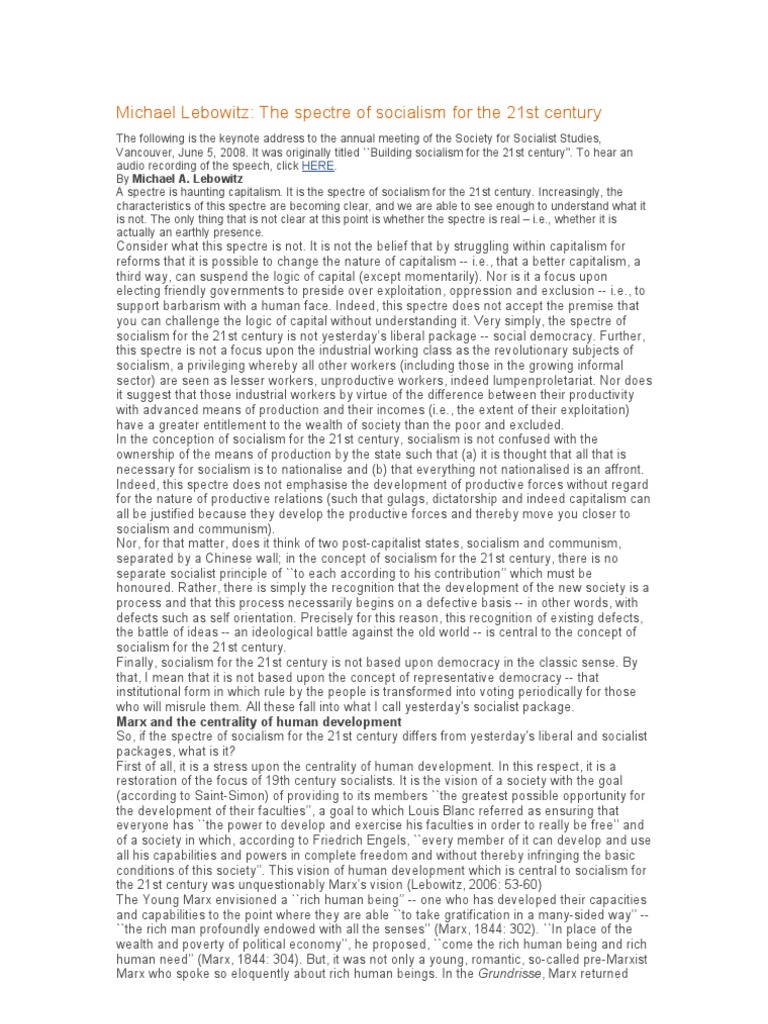 Michael Lebowitz The Spectre of Socialism For The 21st Century | PDF ...