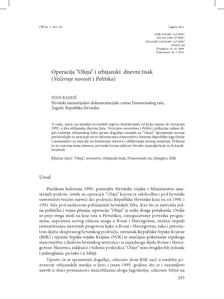 Operacija Oluja I Srbijanski Dnevni Tisak | PDF