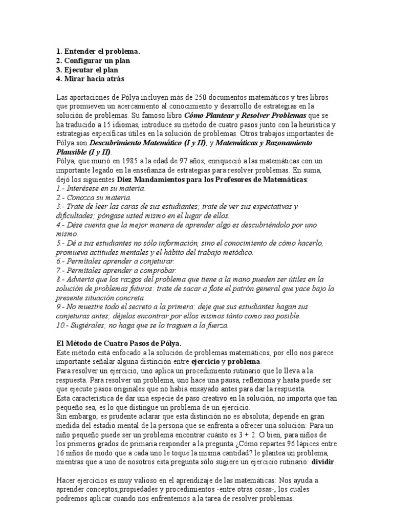 El Método de Cuatro Pasos de Pólya para la Solución de Problemas ...