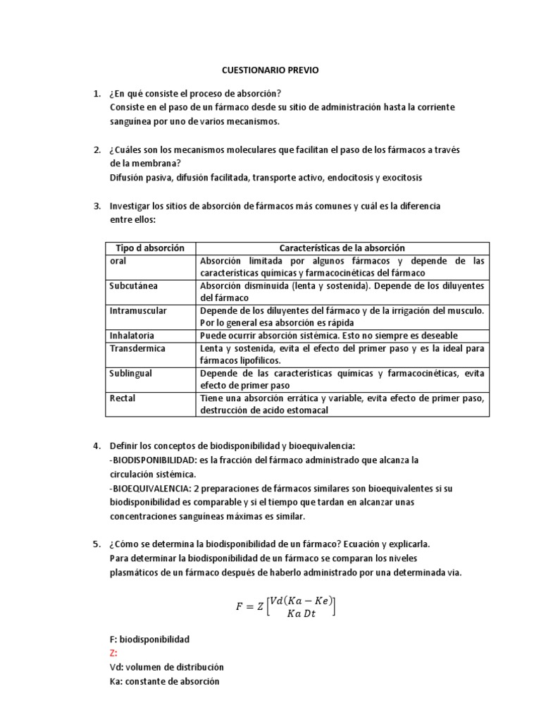 Cuestionario Previo. Pract. 4 Farma | PDF | Biodisponibilidad | Farmacología