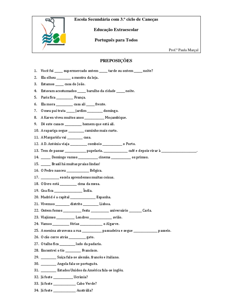 PLE - ficha 38 (preposições - exercícios)