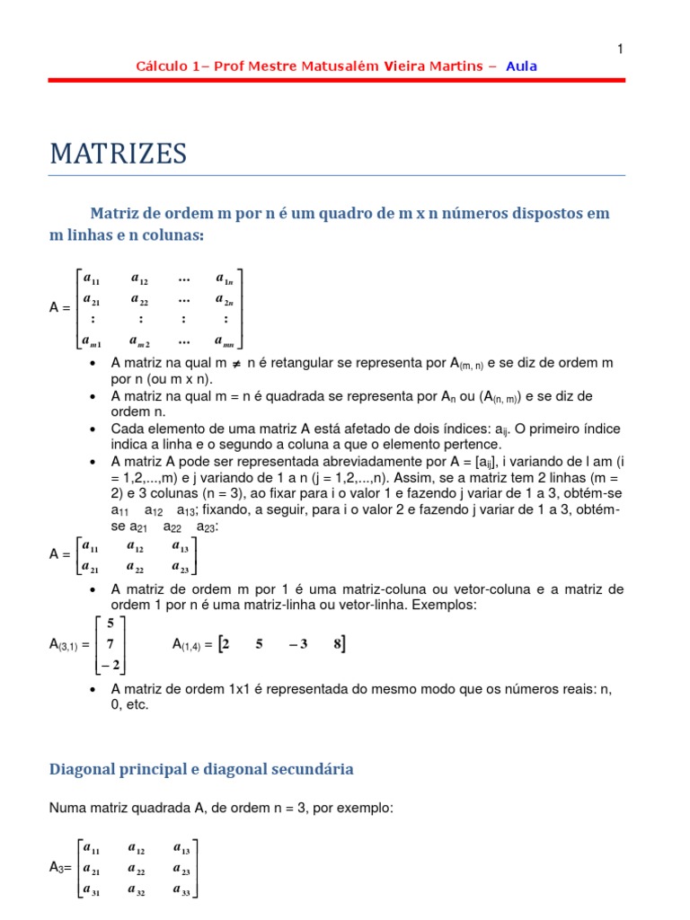 1 Aula de Cálculo 1 Engenharia de Produção - Matrizes | PDF | Teoria da ...