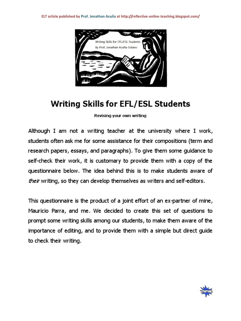 Writing Skills For EFL ESL Students | PDF | English As A Second Or ...