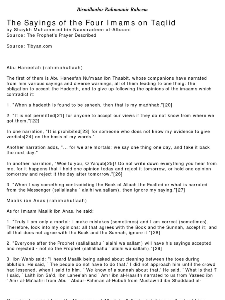 The Sayings of The Four Imams On Taqlid: Bismillaahir Rahmaanir Raheem ...