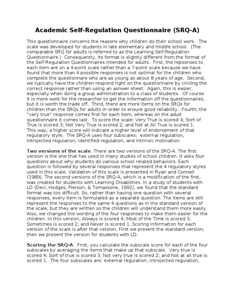 Academic Self-Regulation Questionnaire (SRQ-A) | PDF | Self Control ...