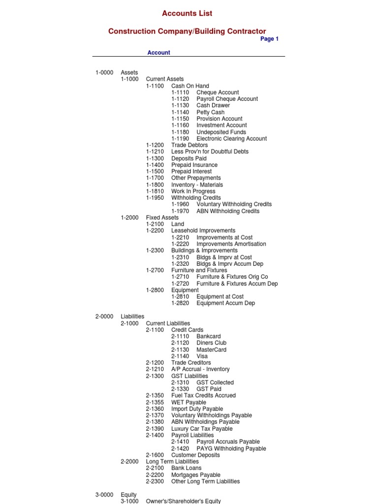 Construction Company Chart of Accounts | PDF | Expense | Credit (Finance)
