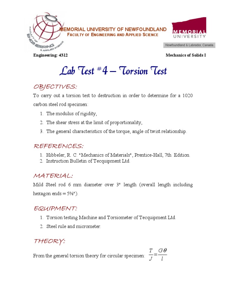 Lab 4-TORSION TEST PDF | PDF | Young's Modulus | Stiffness