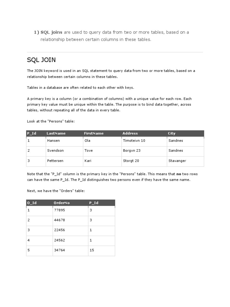 SQL Join: Relationship Between Certain Columns in These Tables | PDF ...