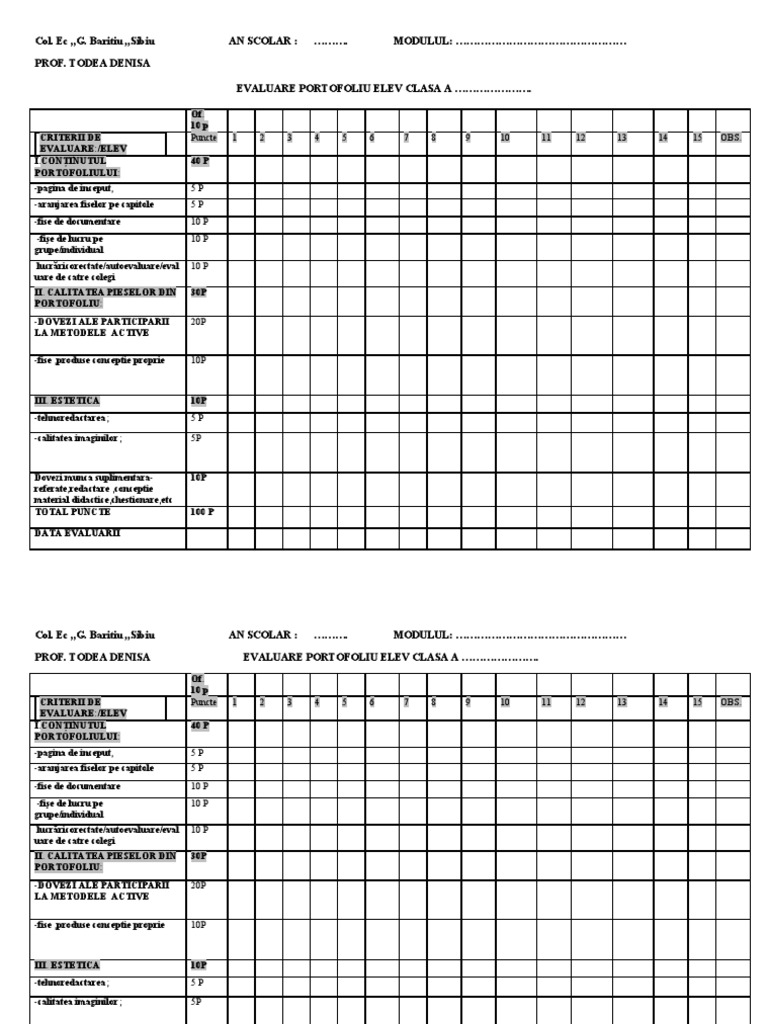 Fisa Evaluare Portofoliu Elev - Criterii Si Punctaj | PDF