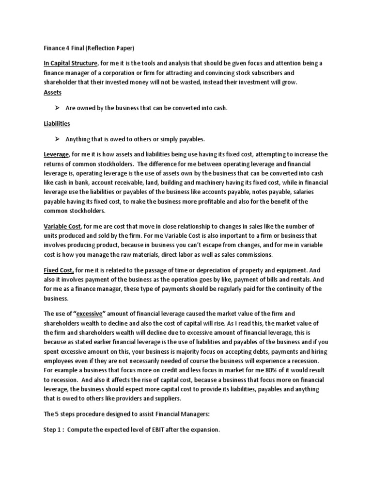 Finance 4 Final (Reflection Paper) | Capital Structure | Investing