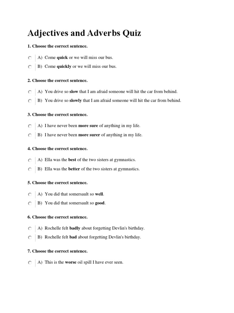 Adjectives and Adverbs Quiz | PDF