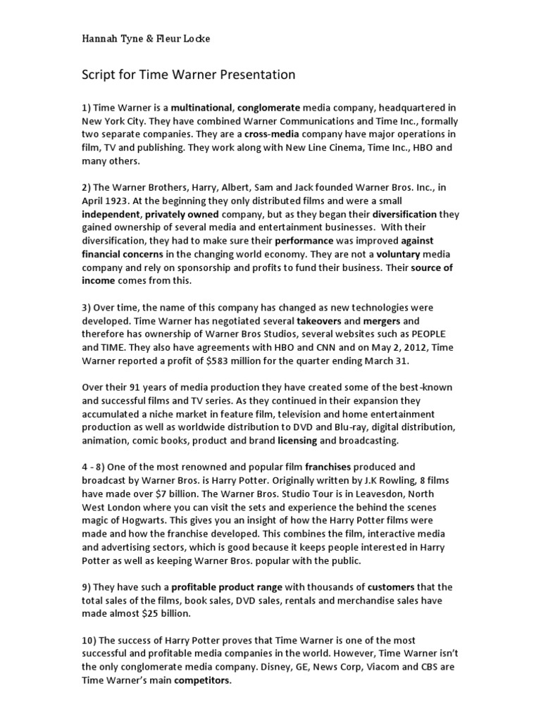 Presentation Script | Time Warner | Warner Bros.