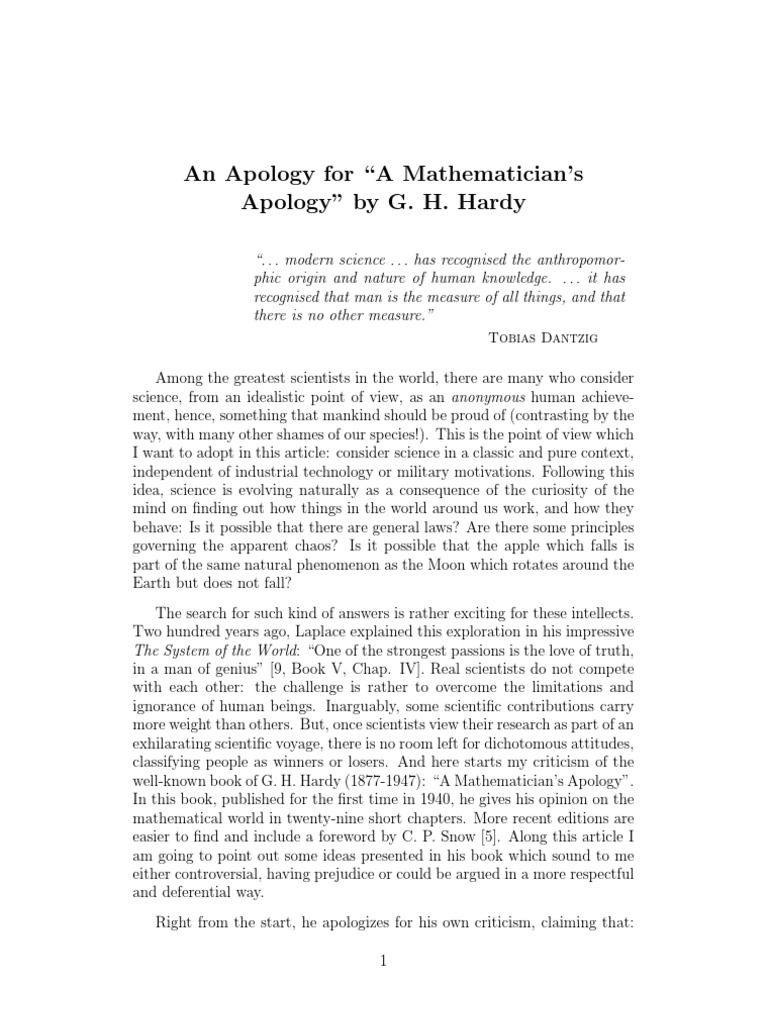 Hardy, G.H. - An Apology Fo 'A Mathematician's Apology' | PDF | Teaching Mathematics | Science