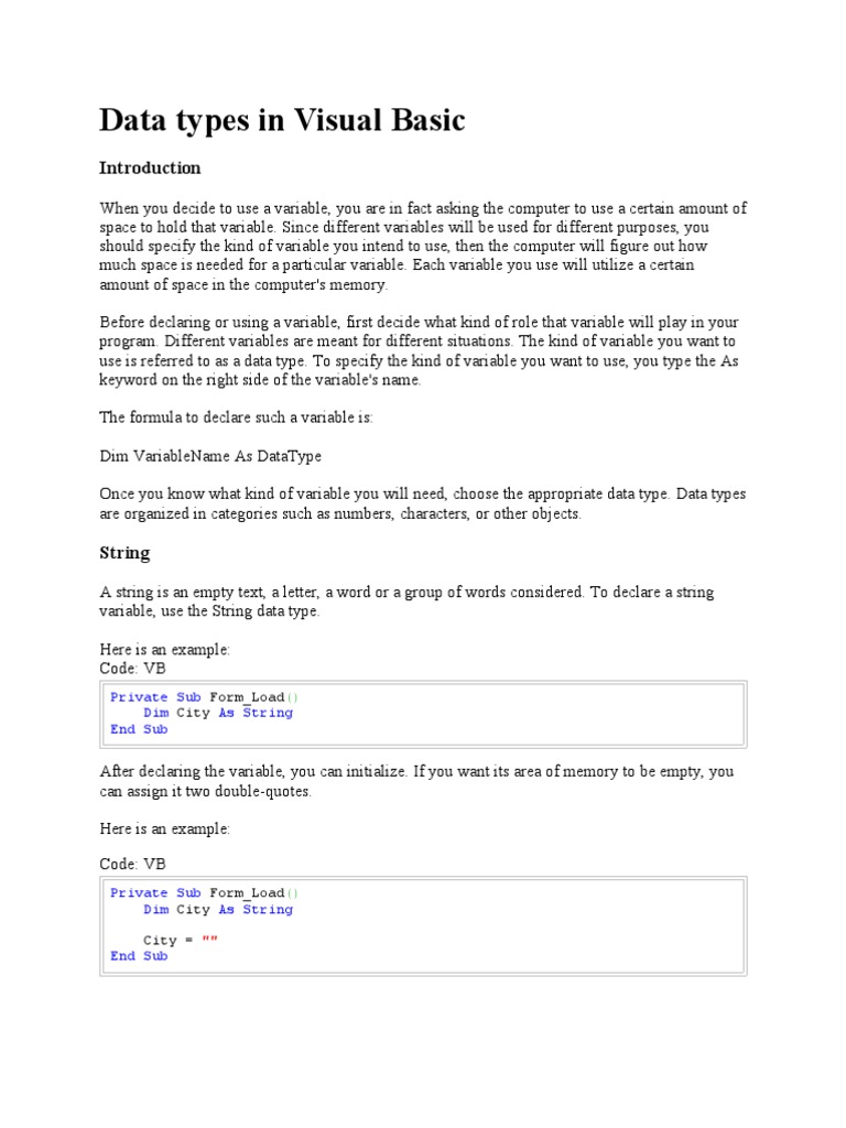 Data Types in Visual Basic | PDF | Variable (Computer Science) | String (Computer Science)