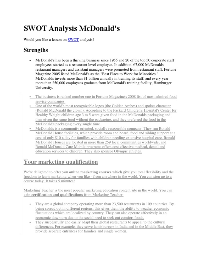 SWOT Analysis McDonald | Mc Donald's | Fast Food Restaurants