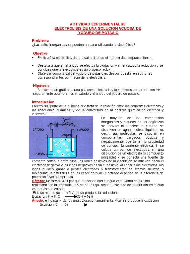 ACTIVIDAD EXPERIMENTAL 6 Electrolisis de Yoduro de Potasio | Descargar gratis PDF | Redox ...