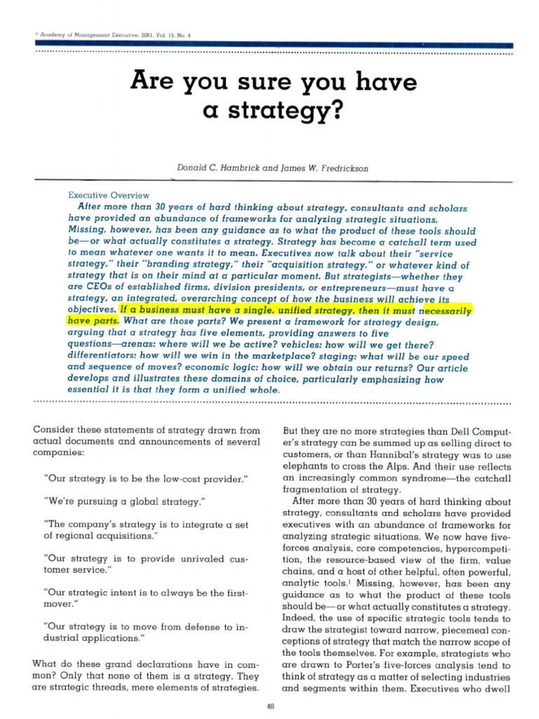 Are You Sure You Have A Strategy - Hambrick & Fredrickson 2001 | PDF ...