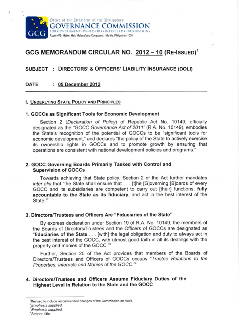 GCG MC No. 2012-10 (Re-Issued) - Directors and Officers Liability ...