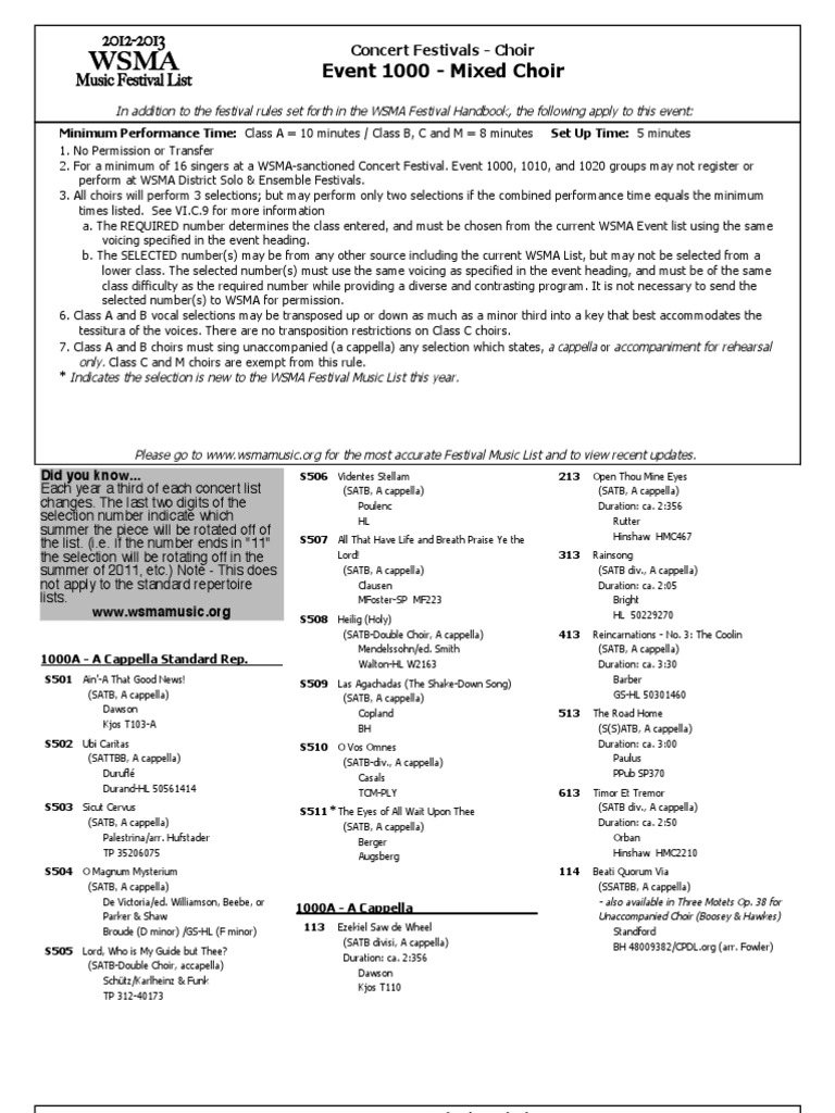 WSMA 2025 Solo & Ensemble Music List | PDF | Choir | Singing