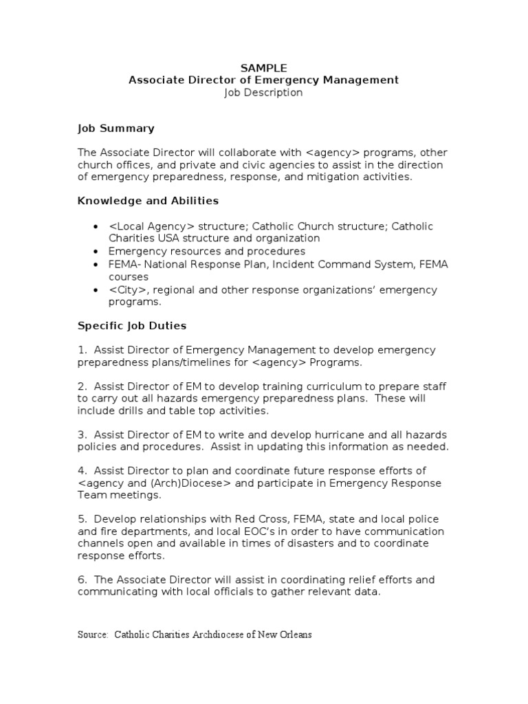 Disaster: Job Description Associate Director of Emergency Management ...