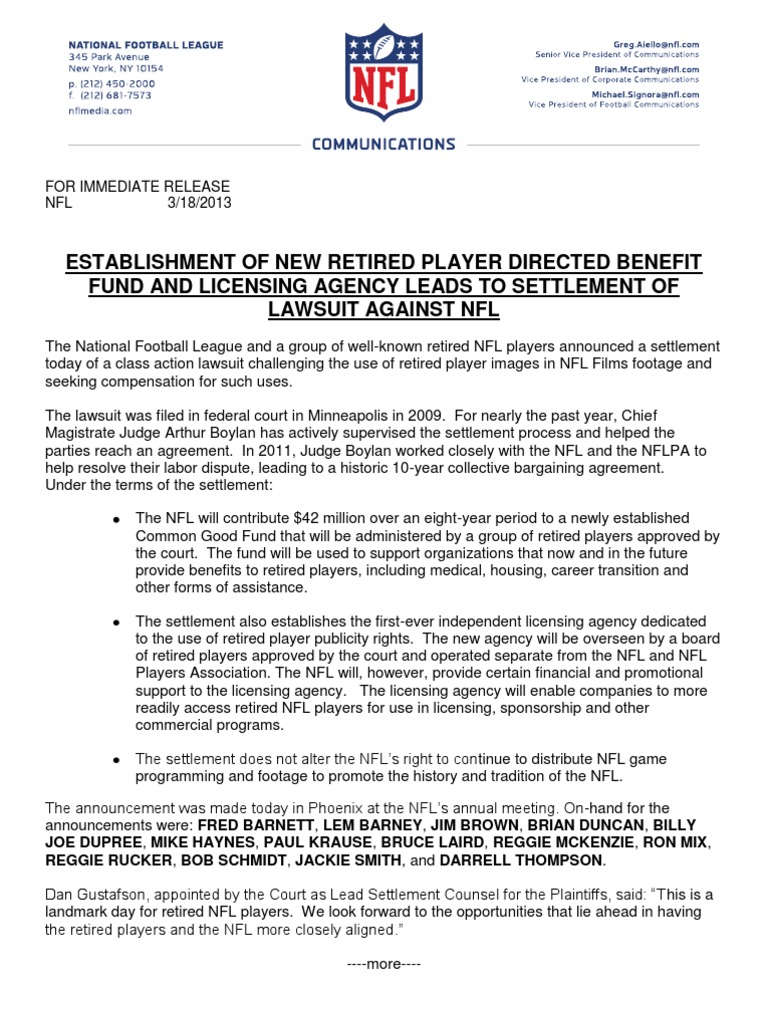 2013.03.18 NFL Press Release Settlement Offer Hearing Dryer Vs NFL ...
