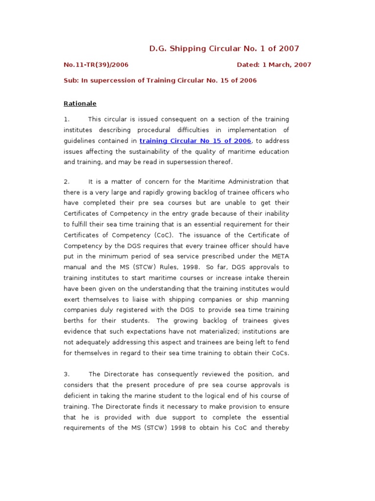 D.G. Shipping Circular No. 1 of 2007 | PDF | Reliability Engineering ...
