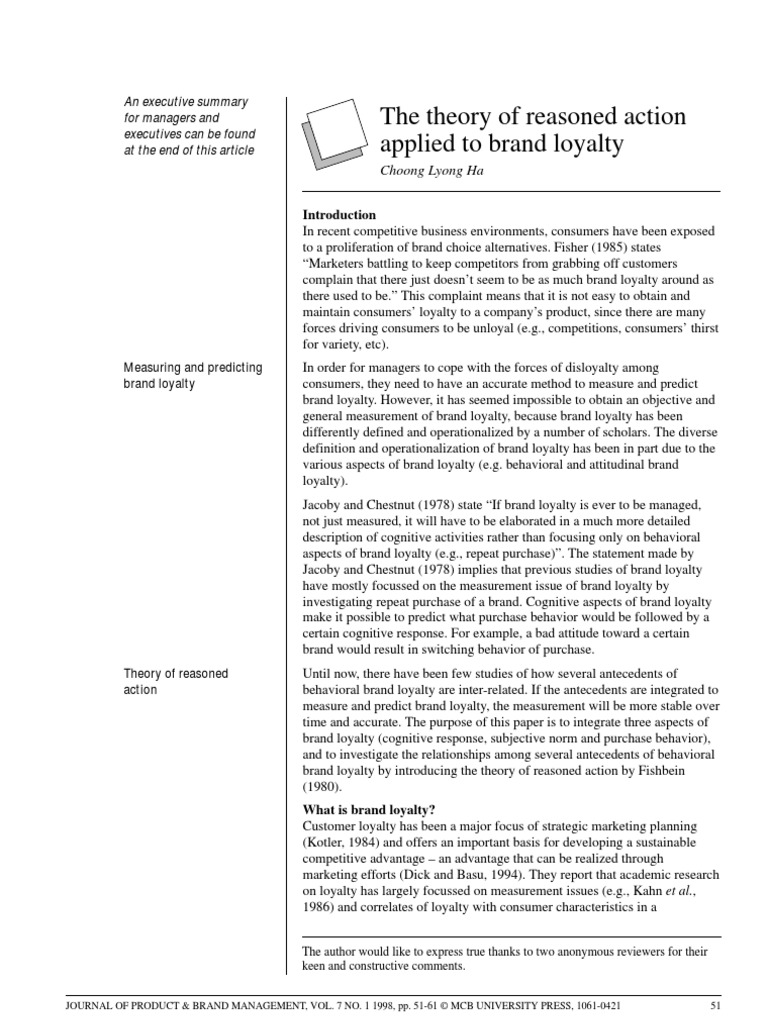 Indri-The Theory of Reasoned Action Applied To Brand Loyalty | PDF ...