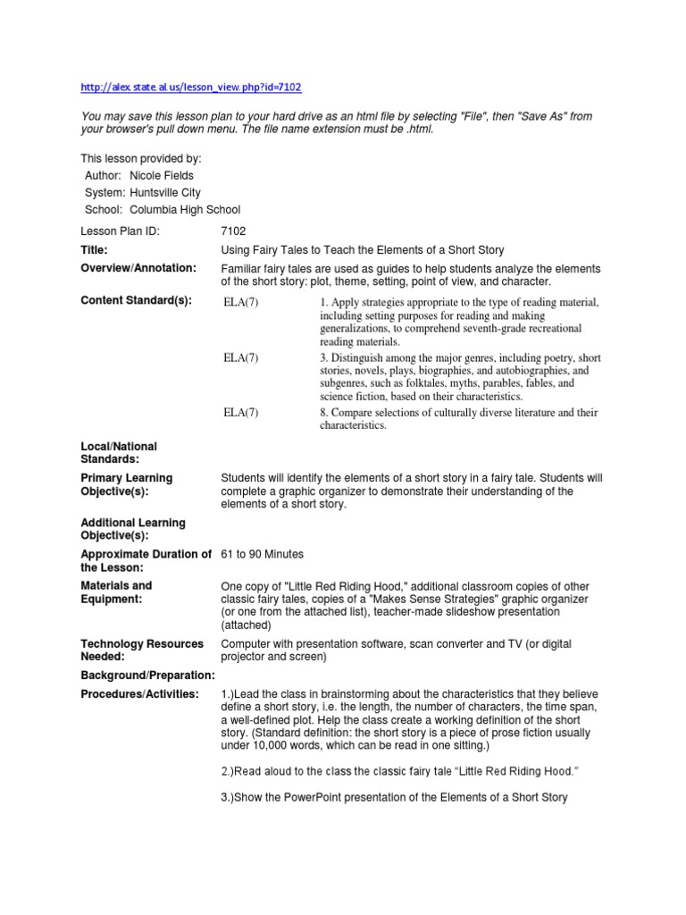 Lesson Plan Short Story | PDF | Homework | Fairy Tales