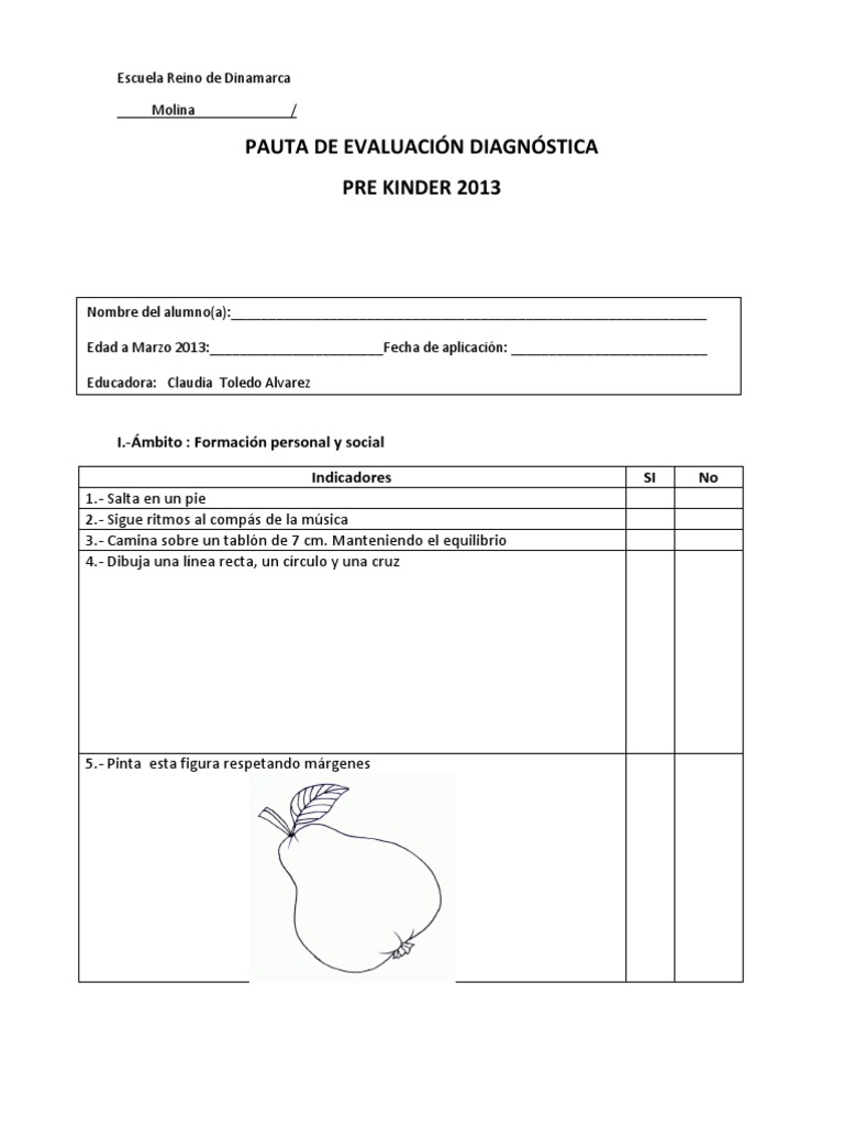 Evaluacion diagnóstica pre kinder 2013