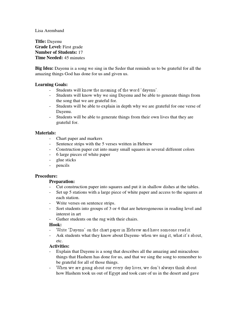Dayenu Lesson Plan | PDF | Hebrew Words And Phrases | Foreign Language ...