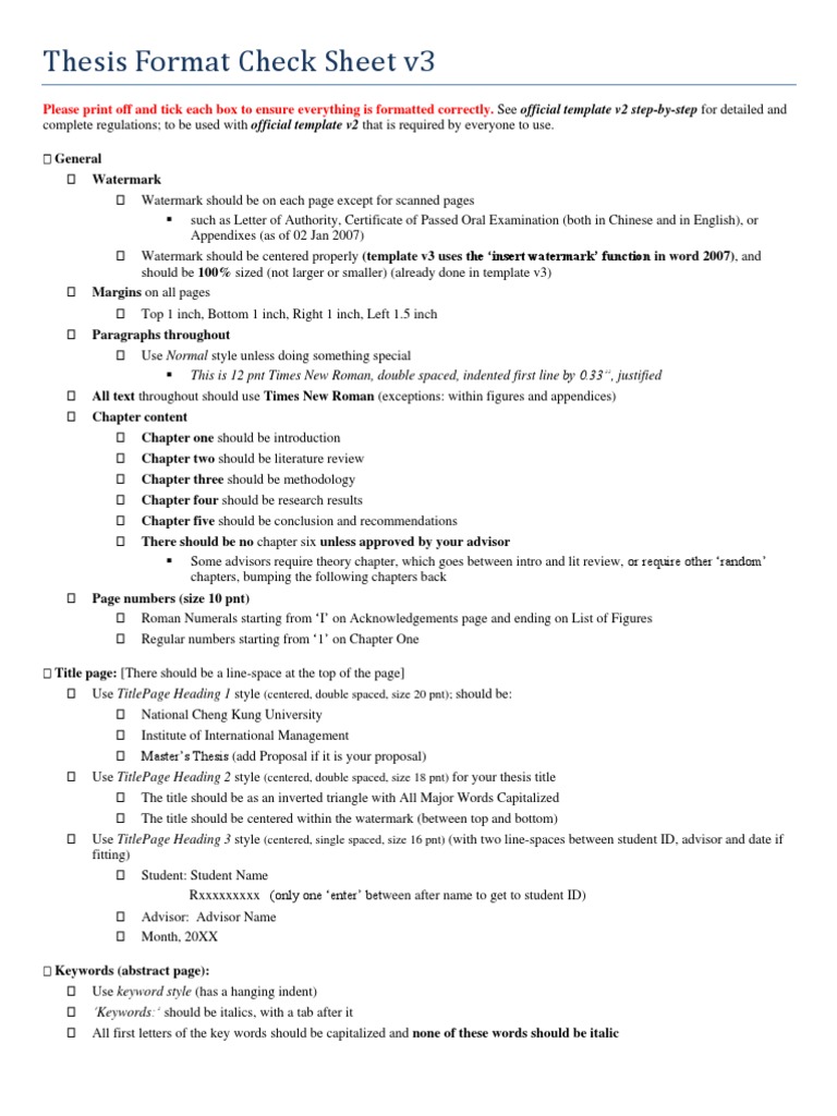 Thesis Format Check Sheet v3 (7.21.09) | PDF | Thesis | Bracket