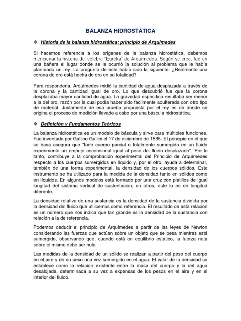 Balanza Hidrostática | PDF | Densidad | Física Aplicada e ...