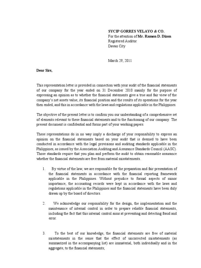 Management Representation Letter | PDF | Financial Audit | Financial ...