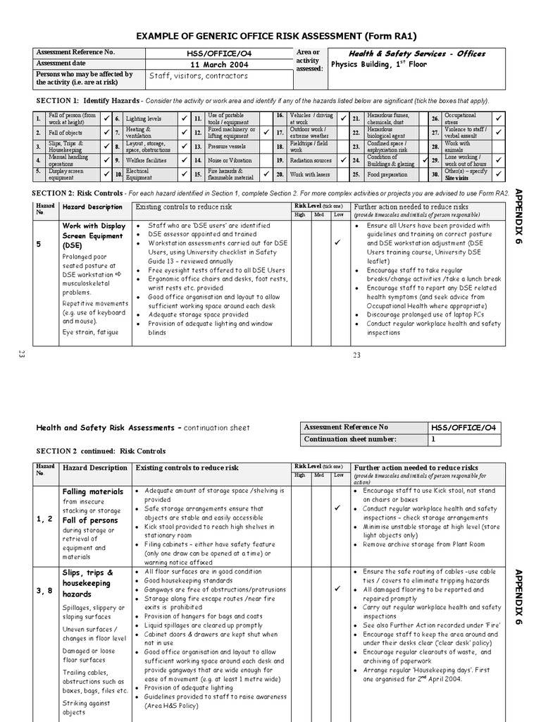 Example of Generic Office Risk Assessment (Form Ra1) : Staff, Visitors ...