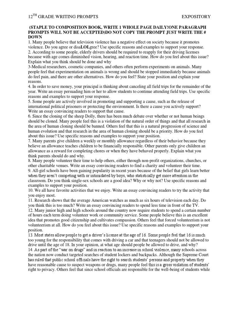 12 Grade Writing Prompts Expository | PDF